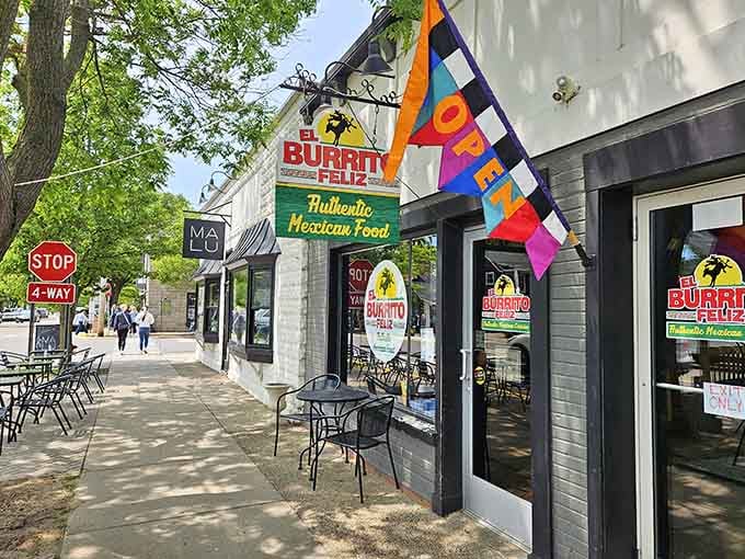 El Burrito Feliz flies its colors proudly, because even lakeside towns need excellent Mexican food and margaritas.