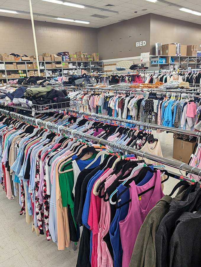 Clothing racks overflow with wardrobe possibilities, proving fashion doesn't demand financial sacrifice or buyer's remorse.