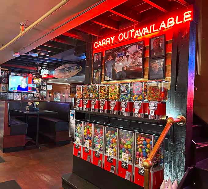 Those vintage gumball machines add nostalgic charm while you wait for your order, quarters optional but recommended.