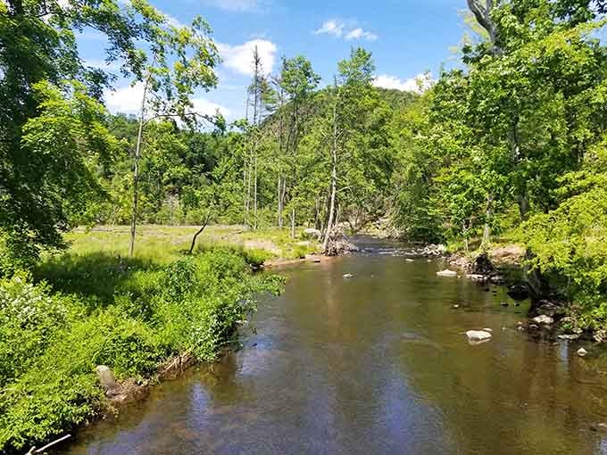 The Mill River meanders peacefully below the ridge, its gentle waters reflecting summer sky and surrounding forest canopy.
