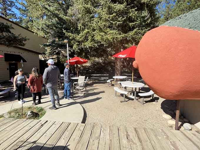 Outdoor seating with mountain views turns a simple hot dog lunch into an al fresco dining experience worth savoring.