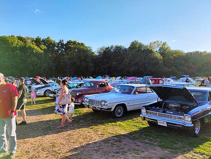 Classic American muscle gleams in golden light, proving some folks take their ride selection as seriously as their movie choices.