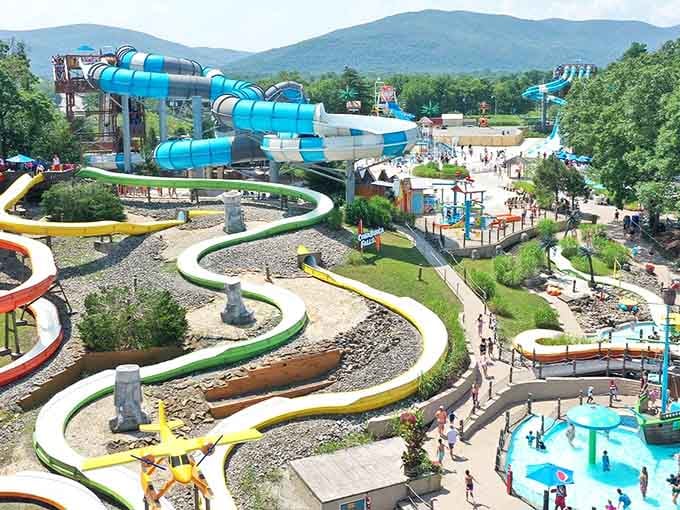 An aerial view reveals the full scope of this aquatic wonderland nestled in the Hudson Valley's embrace.
