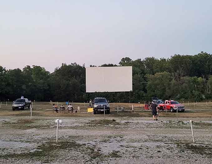 Moviegoers stake their claim early, setting up chairs and coolers for the perfect outdoor cinema experience tonight.