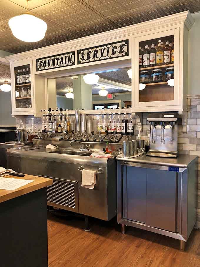 The fountain service station gleams like a chrome altar to ice cream's golden age of glory.