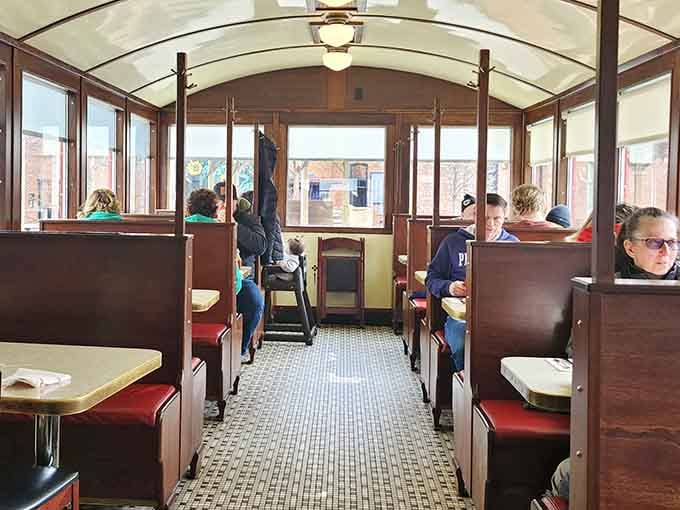 Booth seating with classic diner charm means you can settle in for serious conversation over even more serious food.