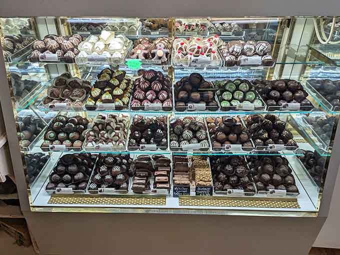 The chocolate display case is basically a glass barrier between you and pure happiness in truffle form.