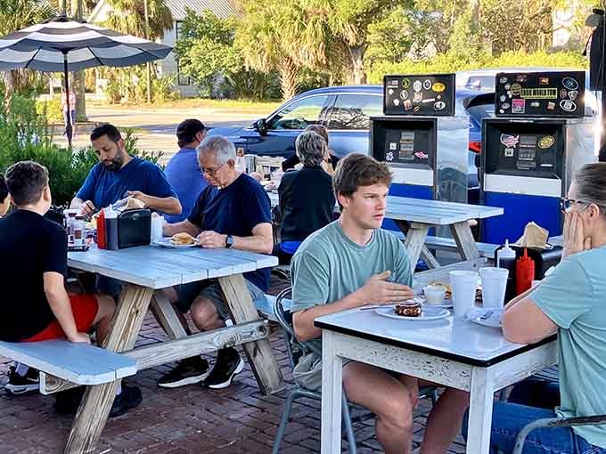 Outdoor picnic tables filled with happy diners prove that fresh air makes everything taste even better than it already does.