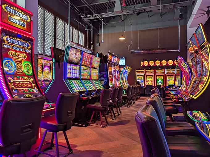 Rows of slot machines gleam inside Terre Haute Casino Resort, offering entertainment for adults who actually have disposable income left over.