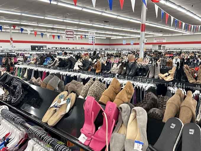 Footwear displayed in glorious abundance, from practical sneakers to statement boots that'll make your friends ask where you shop.
