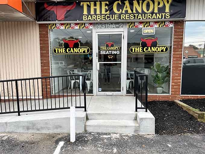 The entrance welcomes you with Maryland flags and the promise of seriously good barbecue just steps away.