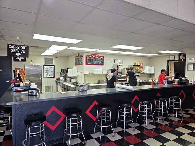 Counter seating offers front-row views of the chili-making magic that's kept this place legendary for decades.