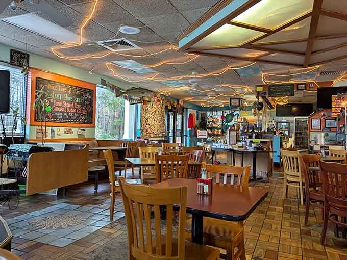 The eclectic decor and casual seating arrangement whisper "relax, you're among friends who appreciate good food here."