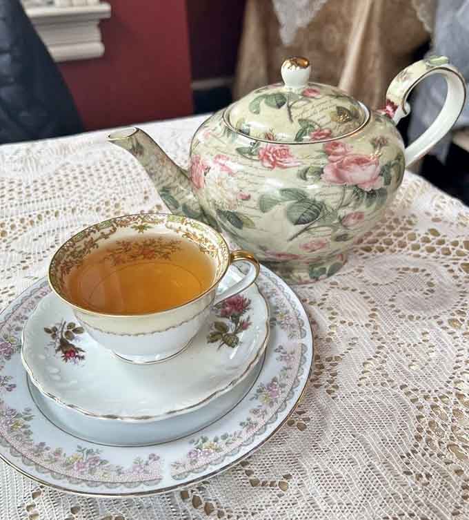 Perfectly brewed tea in rose-patterned china makes even a Tuesday feel like a special occasion.