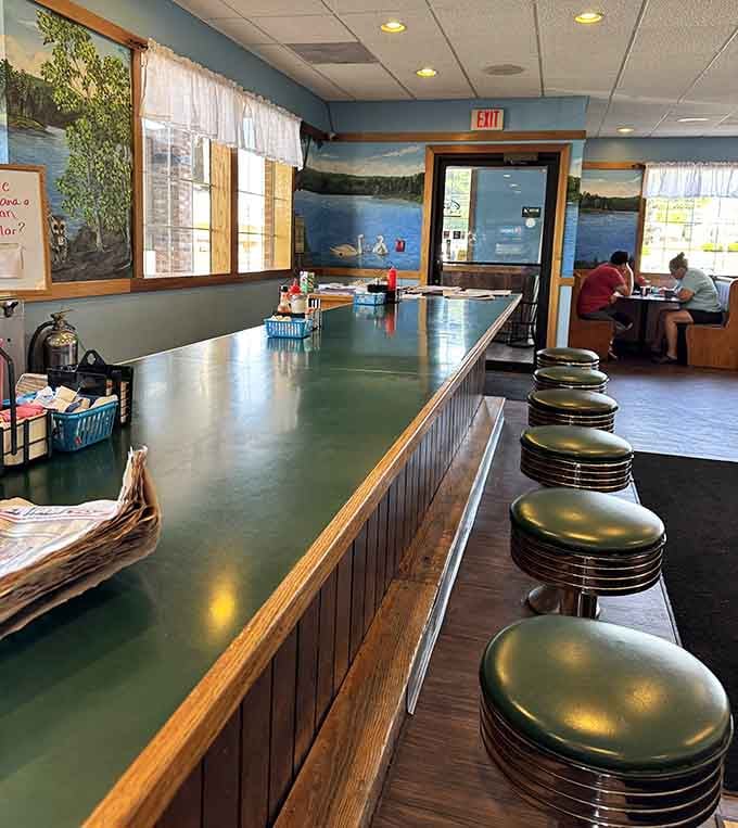Classic counter stools invite solo diners to settle in and enjoy breakfast in peaceful solitude.