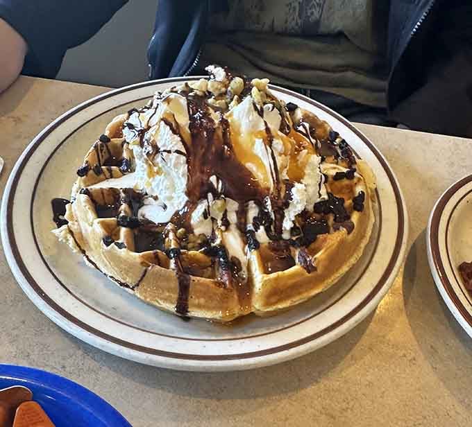 This waffle wears its chocolate drizzle and whipped cream like a crown, ruling breakfast with delicious authority.