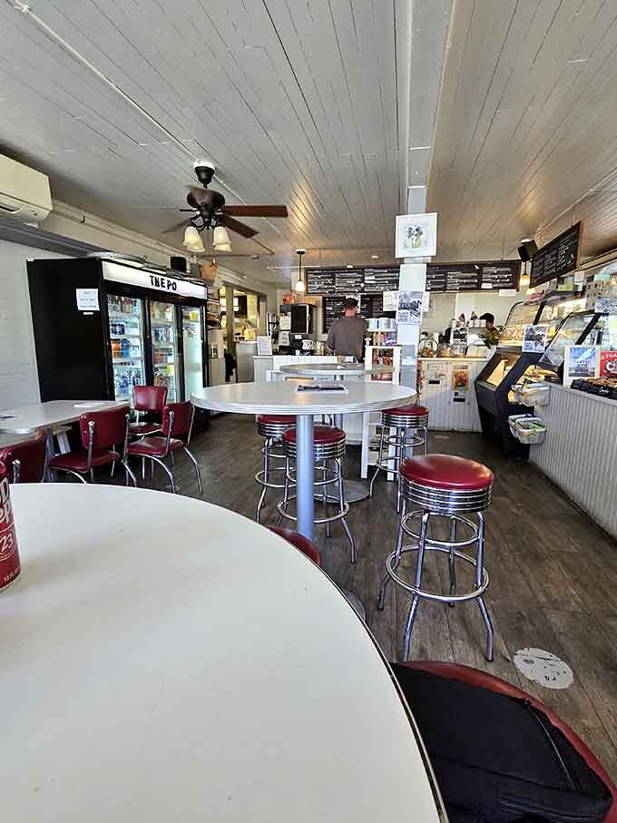 Round tables and retro stools invite you to settle in and enjoy your meal without rushing off to anywhere else.