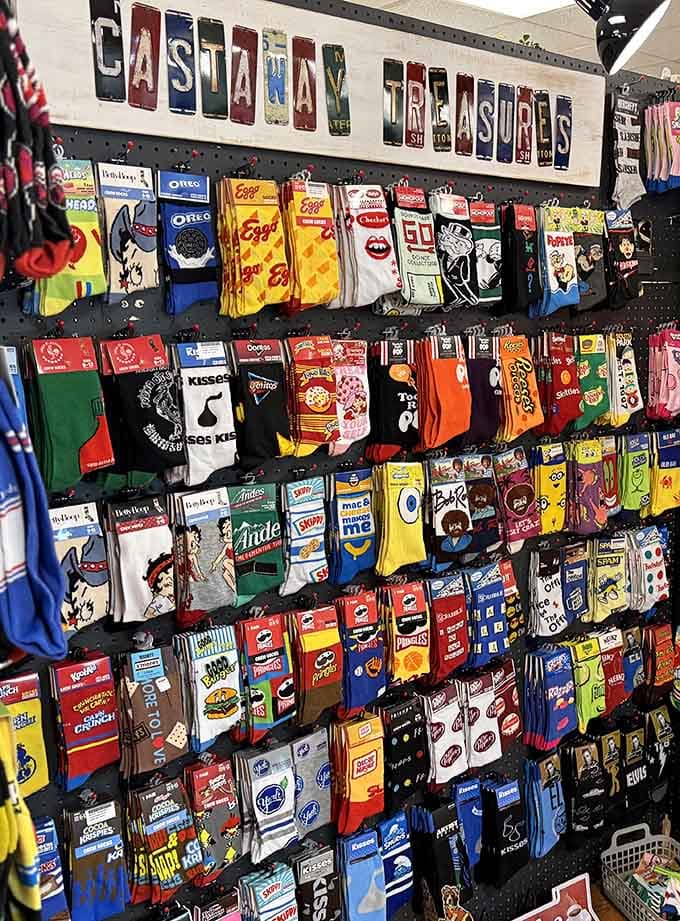 Novelty socks celebrating everything from Eggo waffles to Detroit Tigers, turning feet into conversation starters at parties.