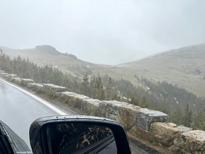 Misty conditions transform the alpine landscape into something mysterious, like driving through a cloud that forgot to stay in the sky.
