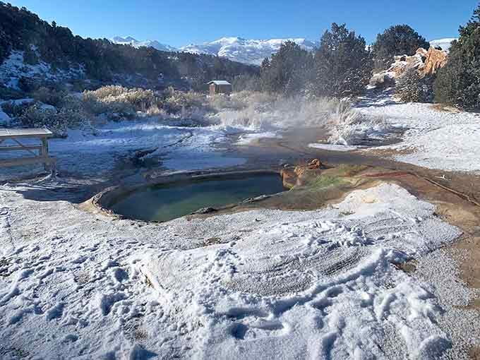 Steam rising from warm pools while snow blankets everything around them. Winter here is genuinely unfair in the best way.