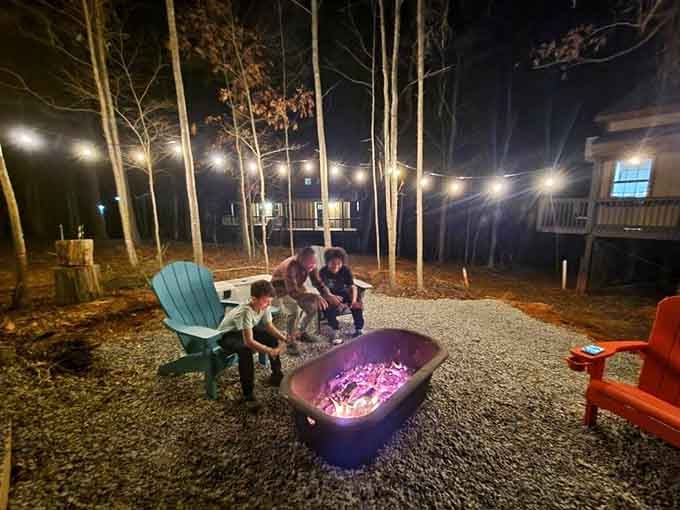 Evening fire pits with string lights create that perfect ambiance for telling stories that get better with each retelling.