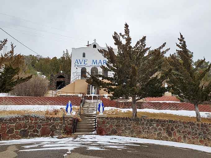The Ave Maria Shrine sits peacefully on the hillside, offering quiet contemplation and sweeping valley views.