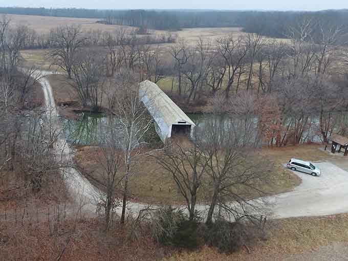 From above, the bridge looks like a time capsule dropped into the Missouri landscape and left perfectly intact.