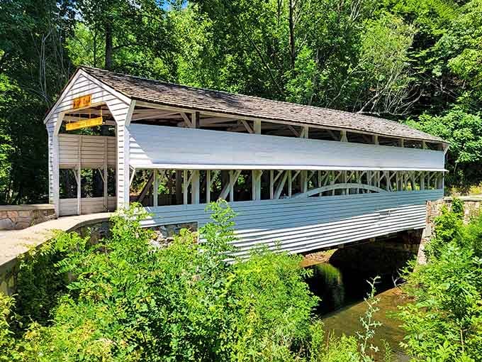This charming covered bridge spans the creek with classic Pennsylvania style, perfect for photographers and romantics alike.