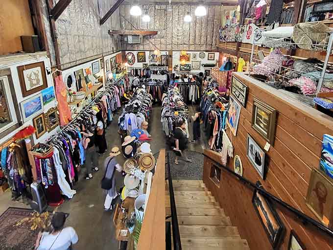 The view from above reveals the organized chaos that makes thrift shopping feel like a proper treasure hunt.