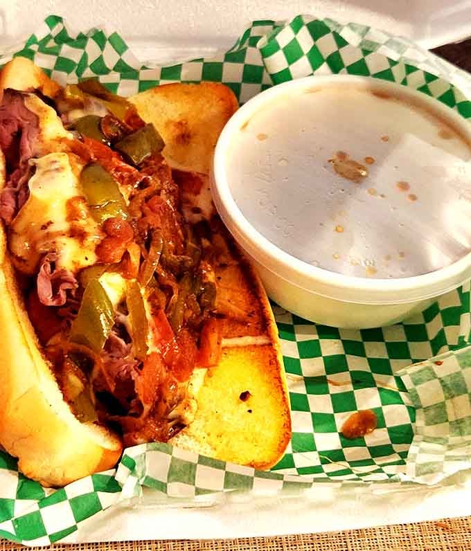 Philly-style roast beef loaded with peppers and onions, proving Minnesota does more than hotdish and lutefisk.