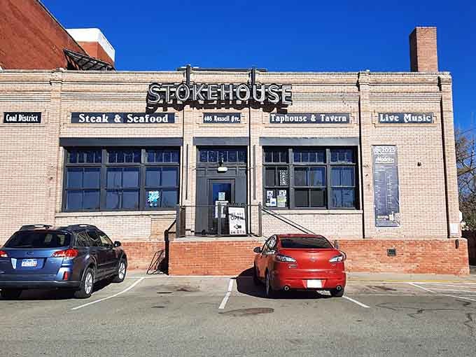 The Stokehouse's classic storefront promises steaks and seafood in a building with genuine character and history.
