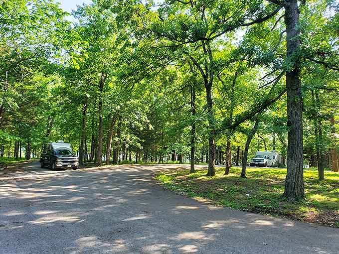 Shaded camping spots nestled among mature oaks create that perfect basecamp for lake adventures and s'mores under starlit Missouri skies.