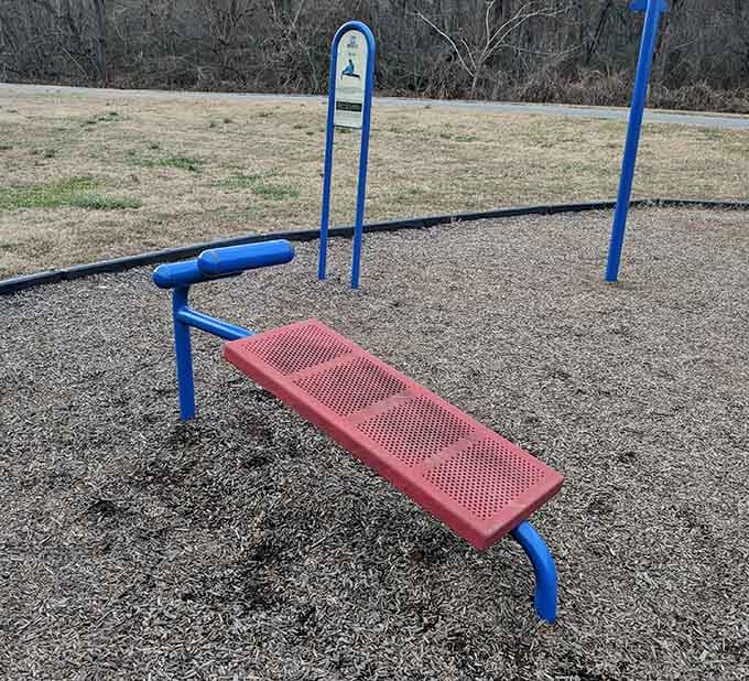 Even fitness equipment gets the prehistoric treatment here, because why shouldn't your sit-ups have a Jurassic theme?