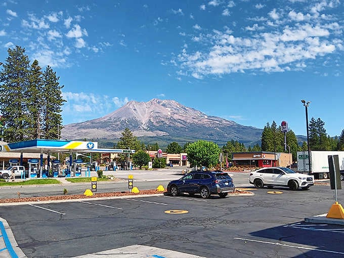 That mountain view comes standard with every gas station visit, no premium membership required for the scenery.