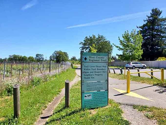 This friendly sign marks your gateway to wine country's best-kept secret for peaceful outdoor exploration.