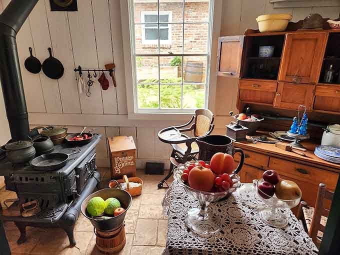 A frontier kitchen frozen in time, complete with cast iron cookware and the lingering presence of cooks long gone.