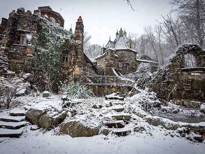 Snow-dusted towers and frosted gardens transform the castle into a winter wonderland straight off a holiday greeting card.
