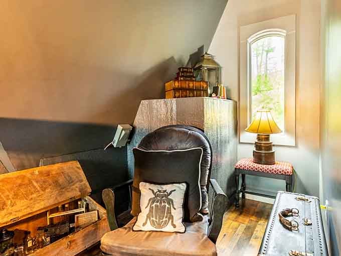 Cozy reading nooks with beetle-embroidered pillows make you never want to leave this enchanted upper floor.