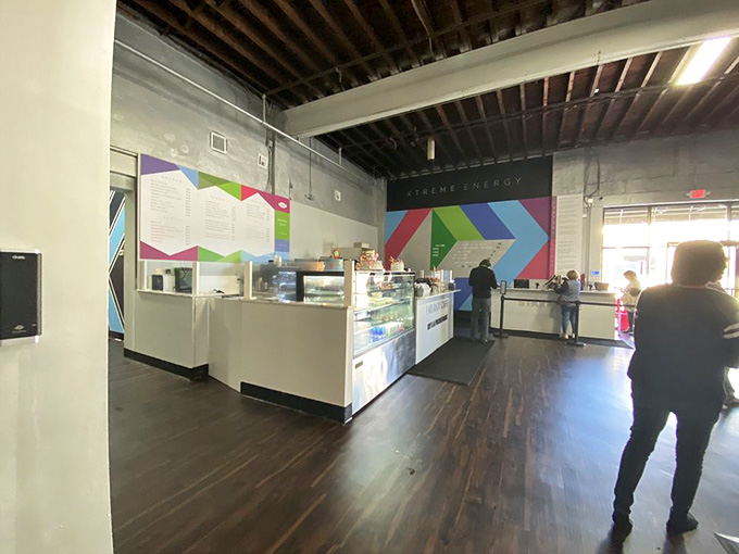 The cafe area offers sustenance with geometric wall art that's almost as energizing as the coffee they serve.