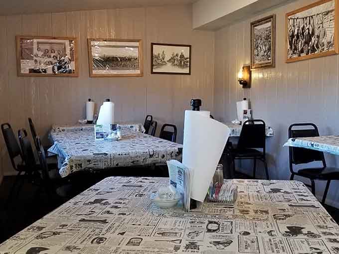 Vintage photographs on paneled walls tell stories while you wait, making every meal feel like visiting family history.