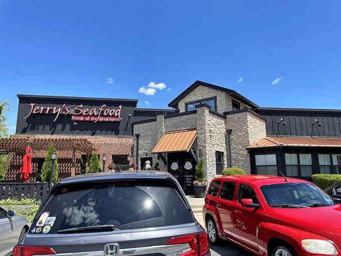 Modern stone and brick architecture houses a seafood destination where tradition meets contemporary style in every perfectly crafted crab cake.