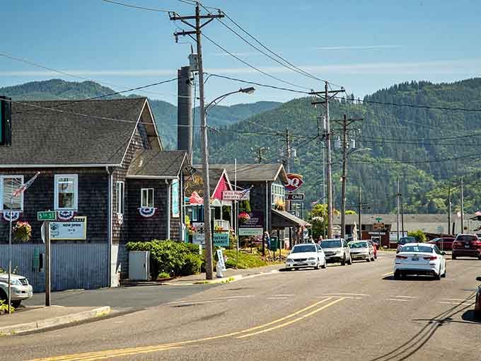 Charming coastal vibes and forested hills await as you wander through the peaceful streets of Garibaldi on a sunny afternoon.