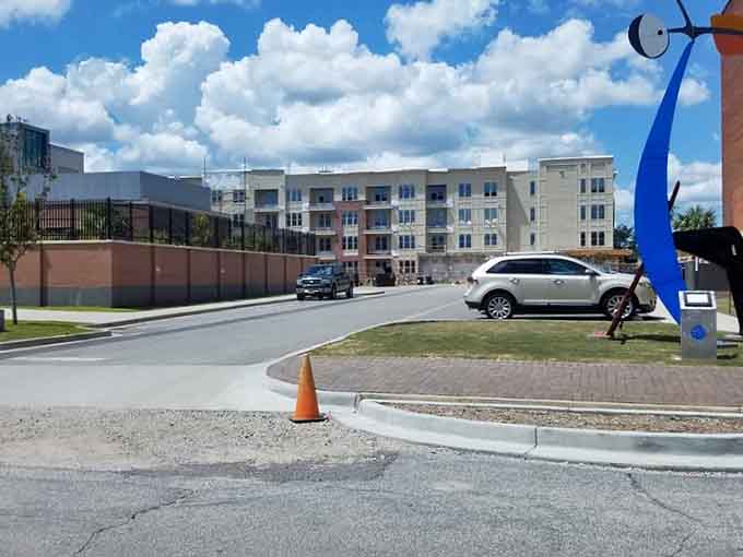 That modern blue sculpture adds contemporary flair to the streetscape, proving small towns can embrace the new too.