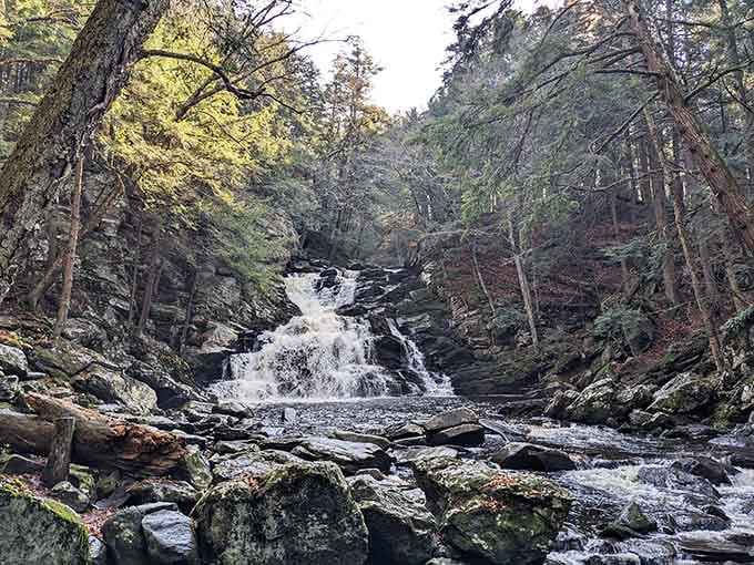 The waterfall cascades through a rocky gorge surrounded by autumn colors that would make any photographer weep with joy.