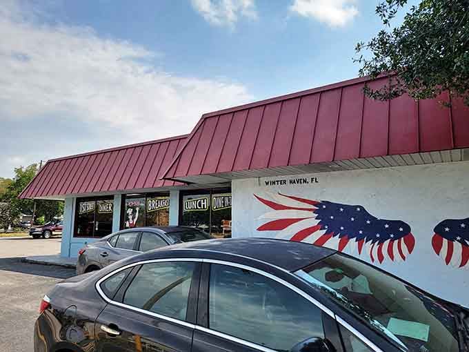 That patriotic mural and ample parking make finding this breakfast gem easier than deciding what to order inside.