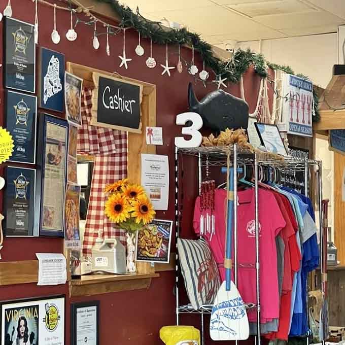 The cashier area doubles as a merchandise station, because why not take home a souvenir of your chowder pilgrimage?