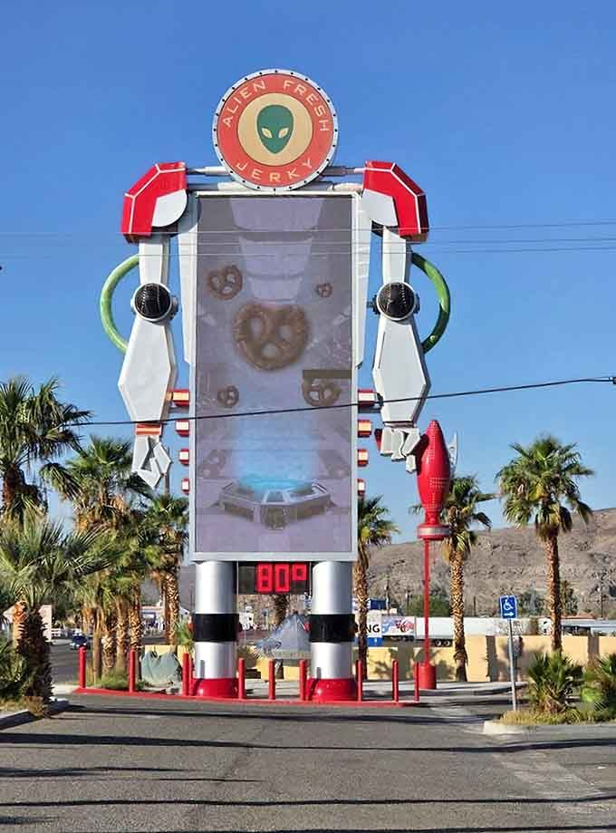 This towering robot thermometer stands guard, reminding everyone that yes, it really is that hot in Baker today.