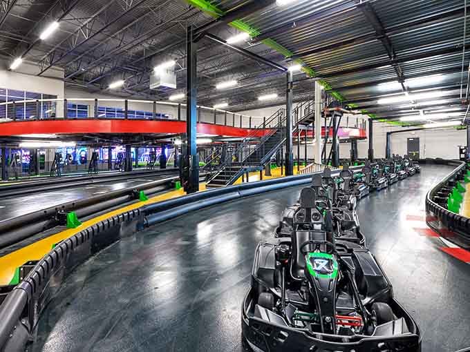Multiple levels of track weaving together like a racing ribbon, creating the ultimate indoor karting experience available.