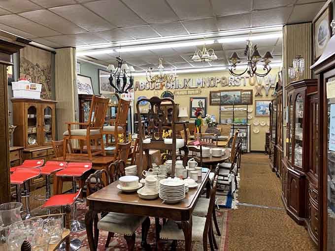Dining tables and chairs arranged like a furniture showroom where everything costs a fraction of retail prices.