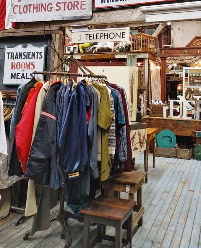 Even the clothing racks offer vintage finds, because apparently one person's old windbreaker is another person's retro fashion statement.
